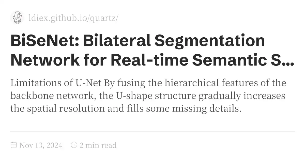 BiSeNet: Bilateral Segmentation Network for Real-time Semantic Segmentation